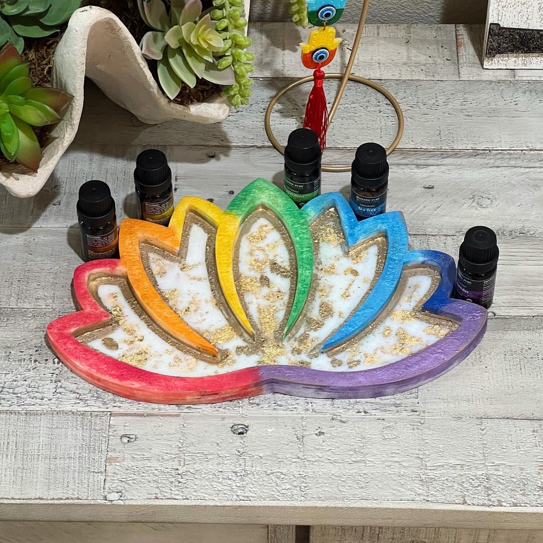 Lotus Tray With Chakra Colors for Essential Oil | Healing Stones Dish ...
