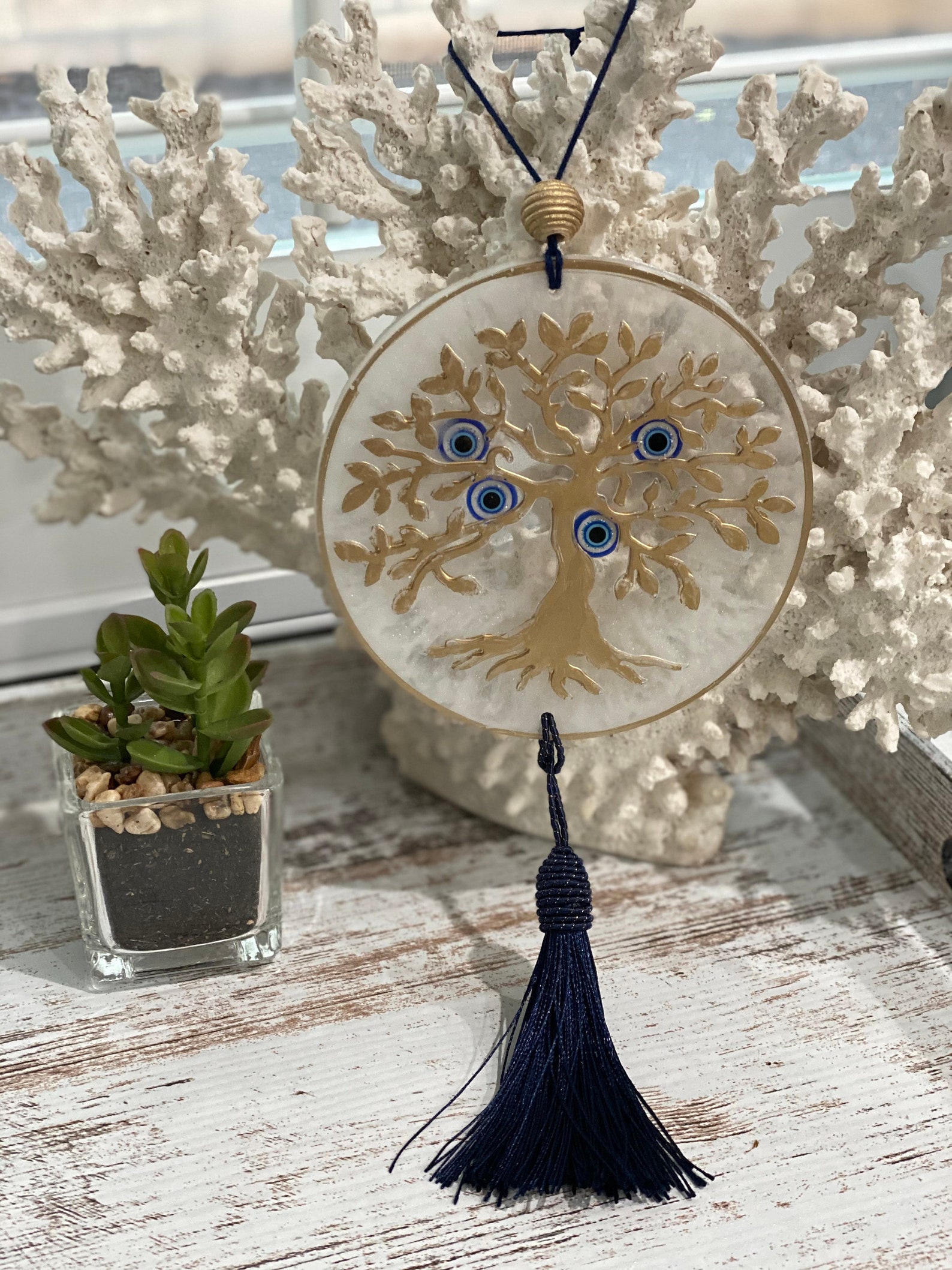 Tree of Life With Evil Eye Wall Hanging | Ornament | White, Blue or ...