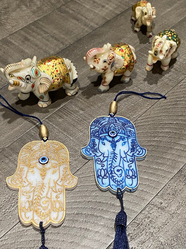 Evil Eye Hamsa Elephant Wall Hanging | Ornament | White-gold, Blue-gold ...