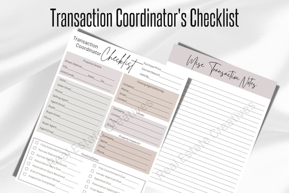 Transaction Coordinator Checklist Transaction Coordinate - Etsy