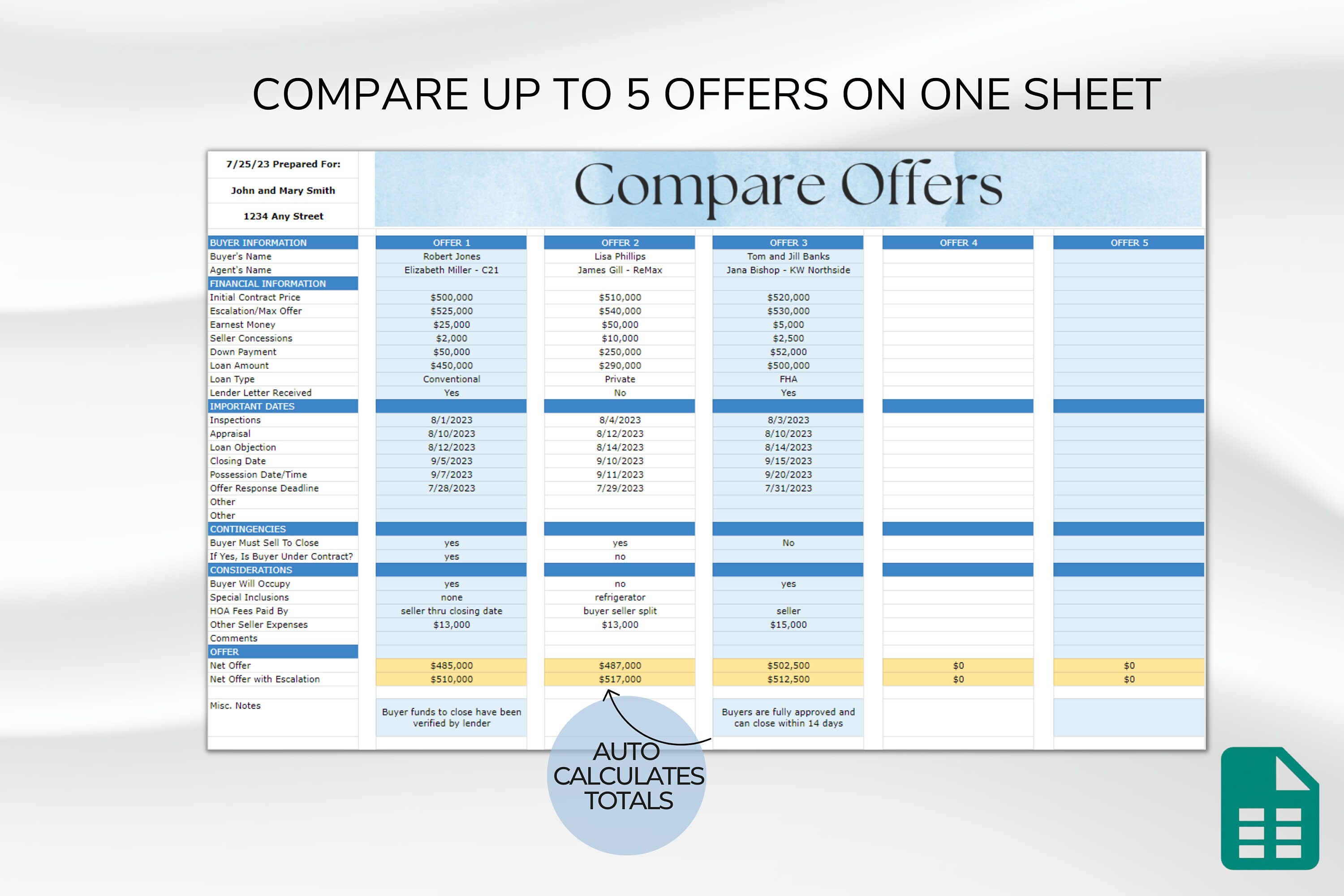 Multiple Offer Spreadsheet, Real Estate Spreadsheet, Realtor Offer ...