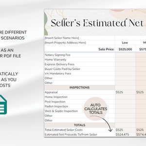 Real Estate Sellers Estimated Net Proceeds Spreadsheet, Sellers Net ...