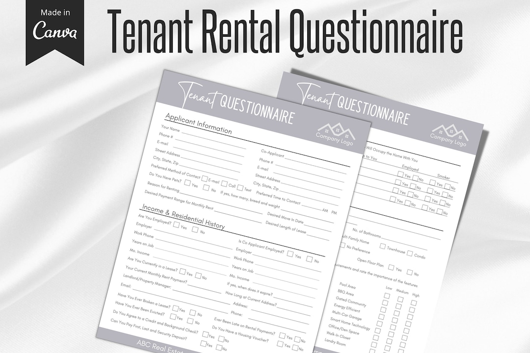 Tenant Rental Questionnaire Real Estate, Landlord Forms Templates ...