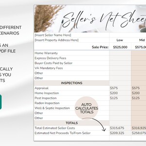Real Estate Sellers Estimated Net Proceeds Spreadsheet, Sellers Net ...