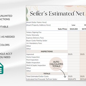 Real Estate Sellers Estimated Net Proceeds Spreadsheet, Sellers Net ...