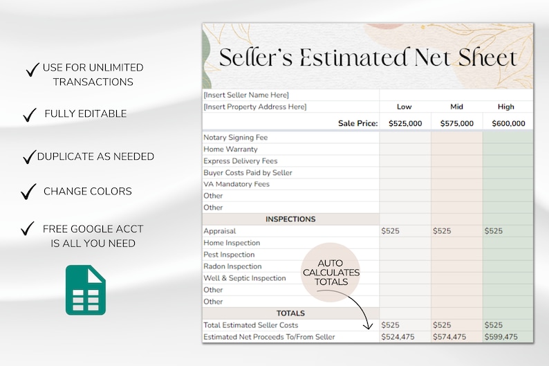 Real Estate Sellers Estimated Net Proceeds Spreadsheet, Sellers Net ...