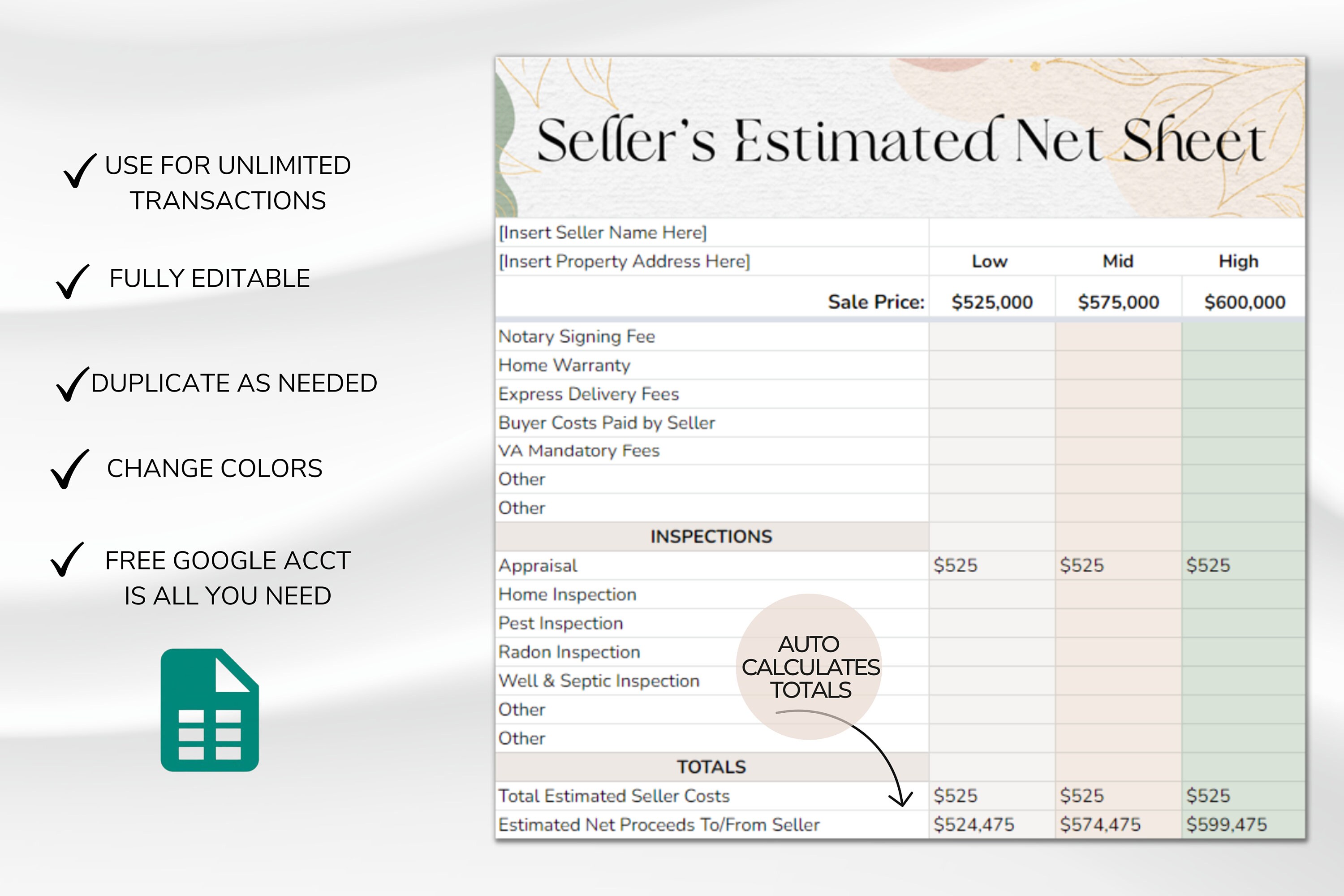 Real Estate Sellers Estimated Net Proceeds Spreadsheet, Sellers Net ...