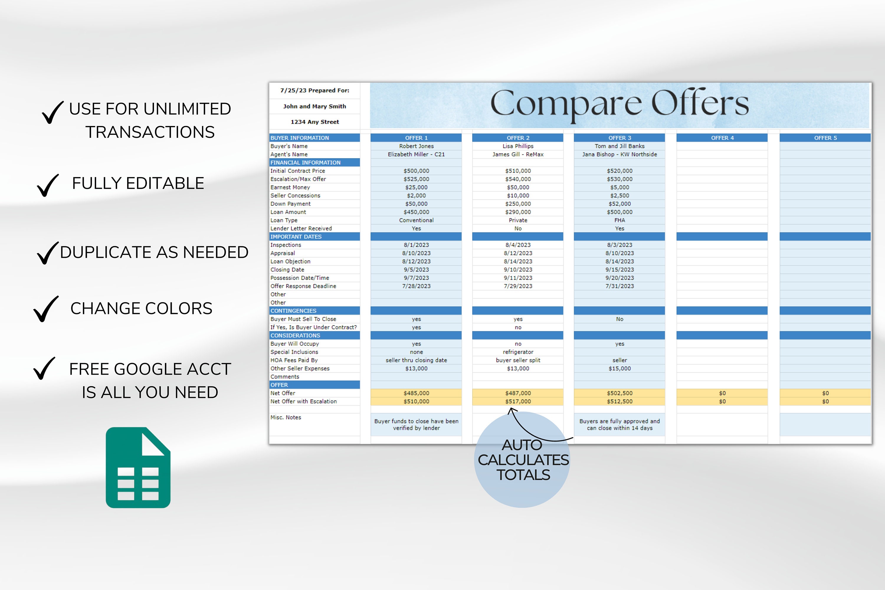 Multiple Offer Spreadsheet, Real Estate Spreadsheet, Realtor Offer ...