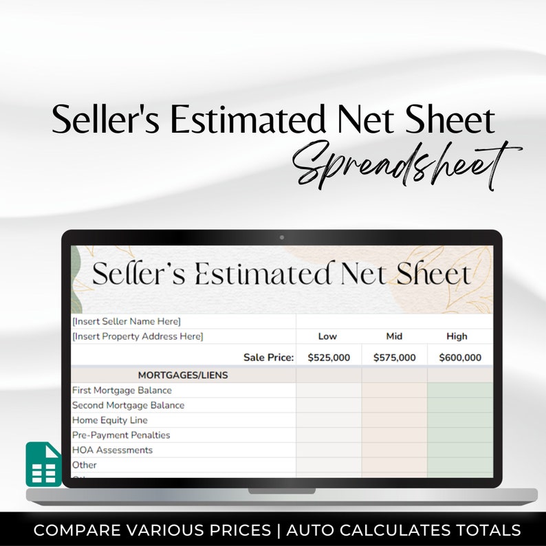 Real Estate Sellers Estimated Net Proceeds Spreadsheet, Sellers Net ...