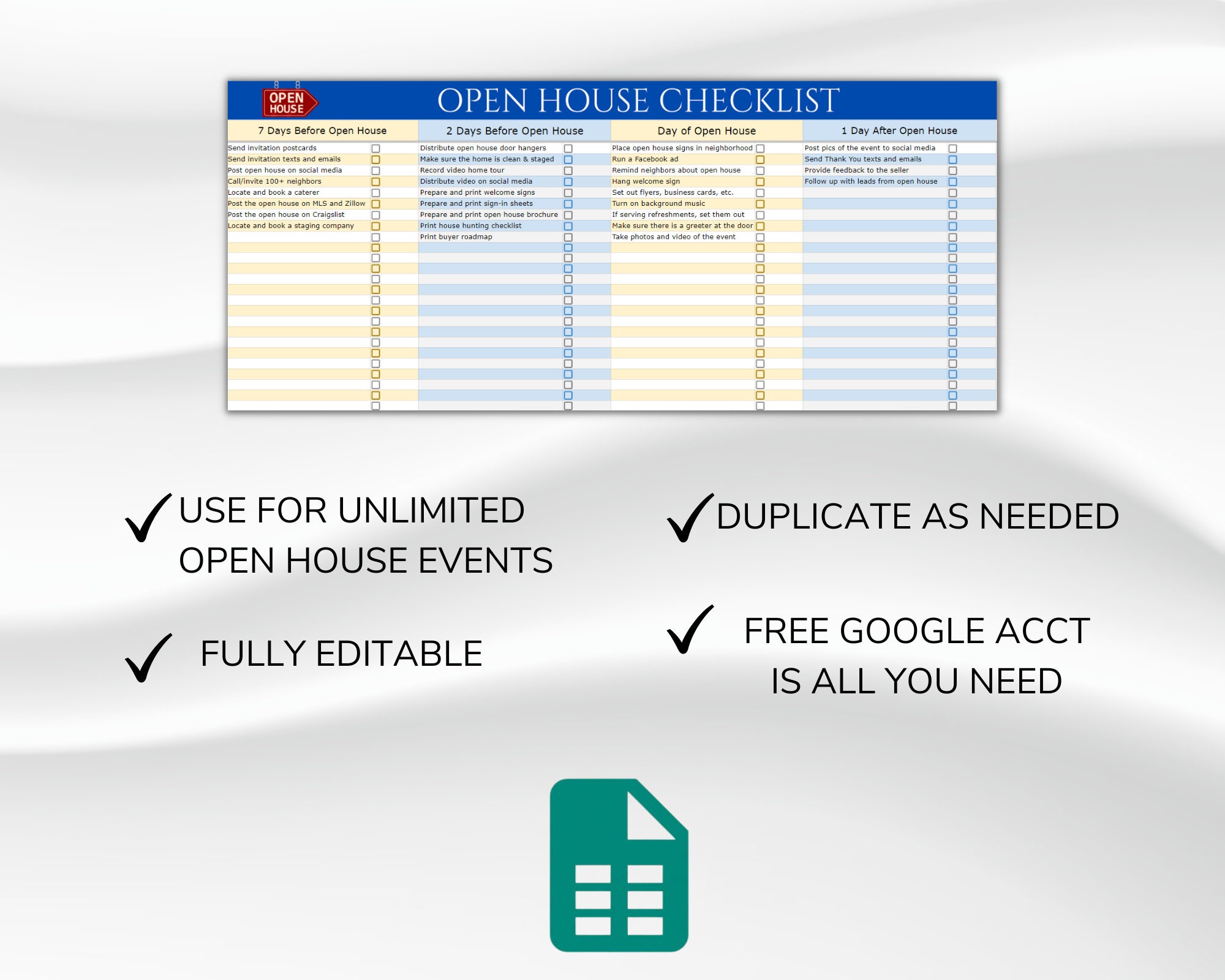 Open House Checklist for Realtor, Real Estate Spreadsheet, Open House ...