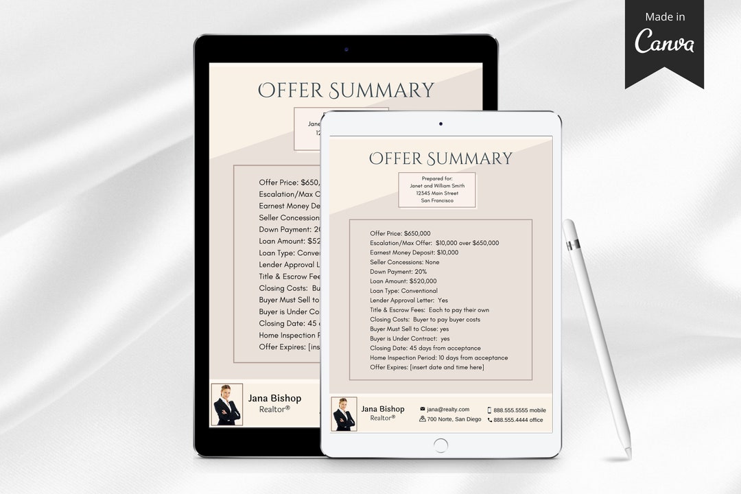 Real Estate Offer Cover Sheet, Real Estate Offer Summary, Purchase ...