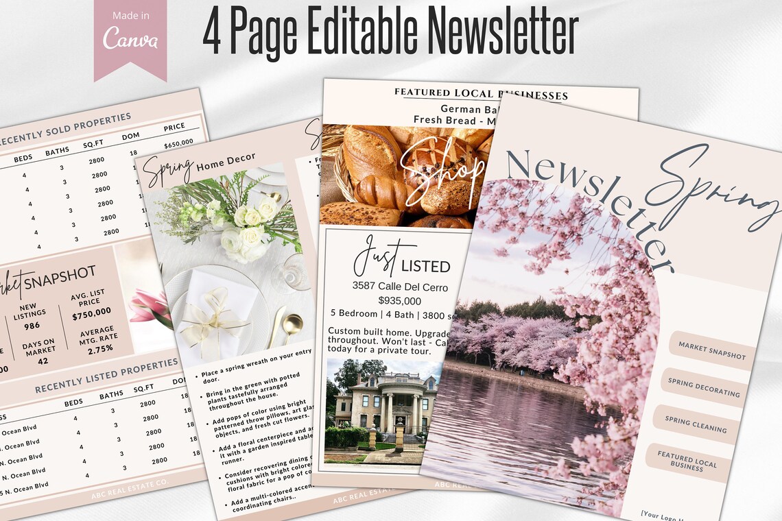 Real Estate Spring Newsletter, Realtor Spring Marketing, 4 Page Spring ...