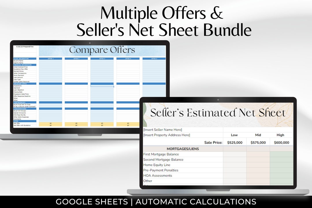 Multiple Offers and Net Sheet Spreadsheet Bundle, Real Estate ...