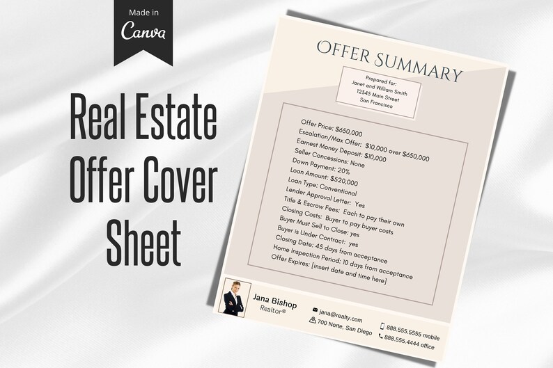 Real Estate Offer Cover Sheet, Real Estate Offer Summary, Purchase ...