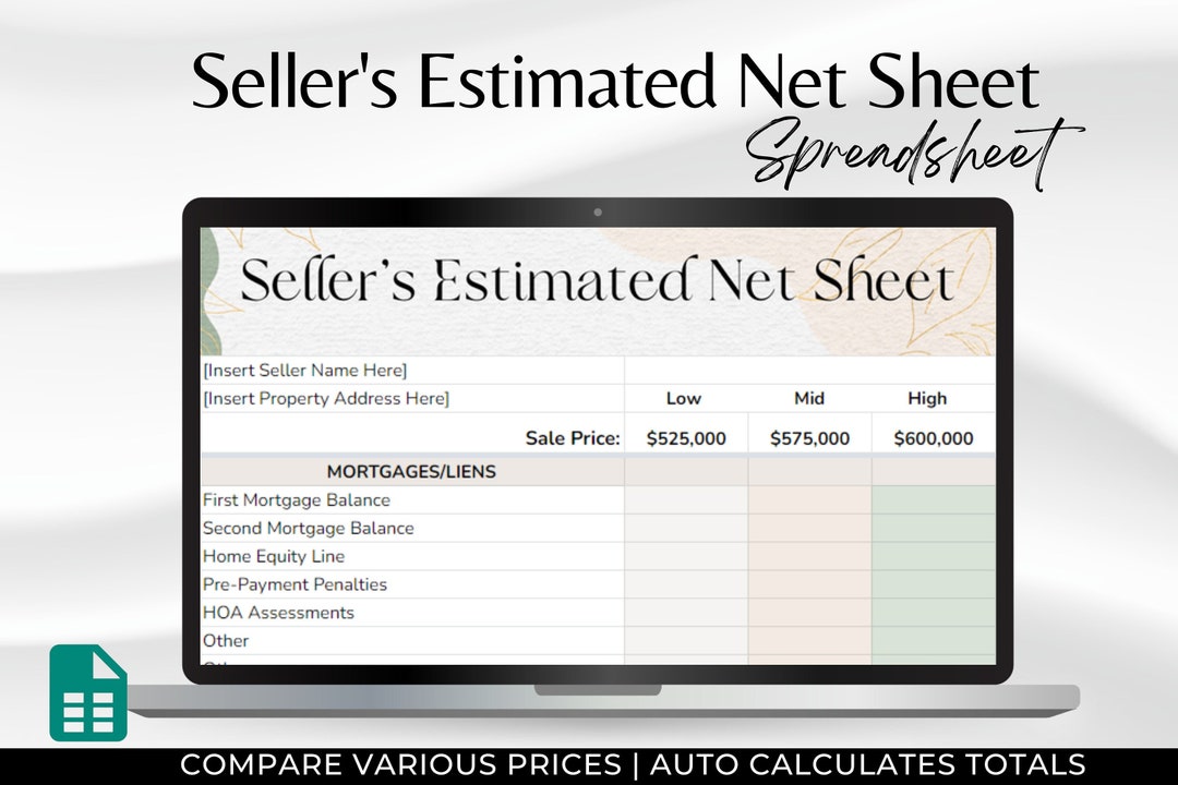 Real Estate Sellers Estimated Net Proceeds Spreadsheet - Etsy