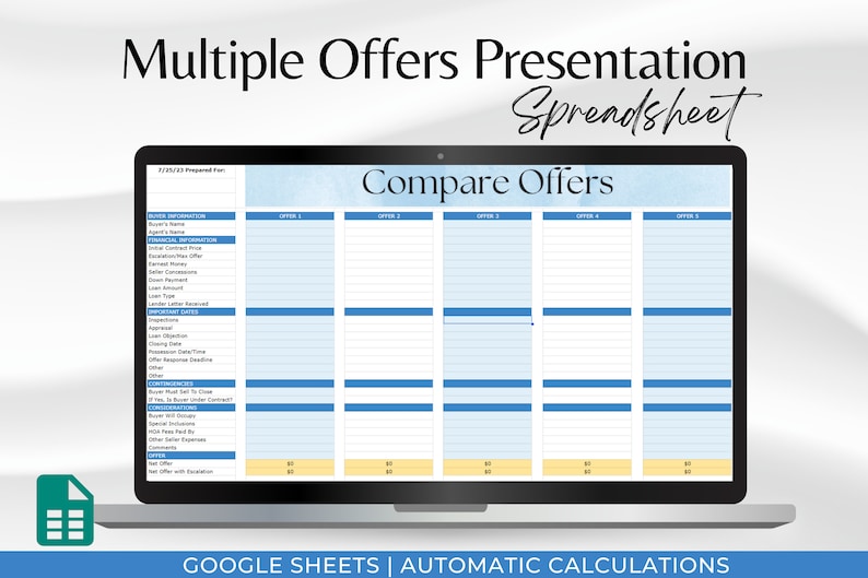 Multiple Offer Spreadsheet, Real Estate Spreadsheet, Realtor Offer ...