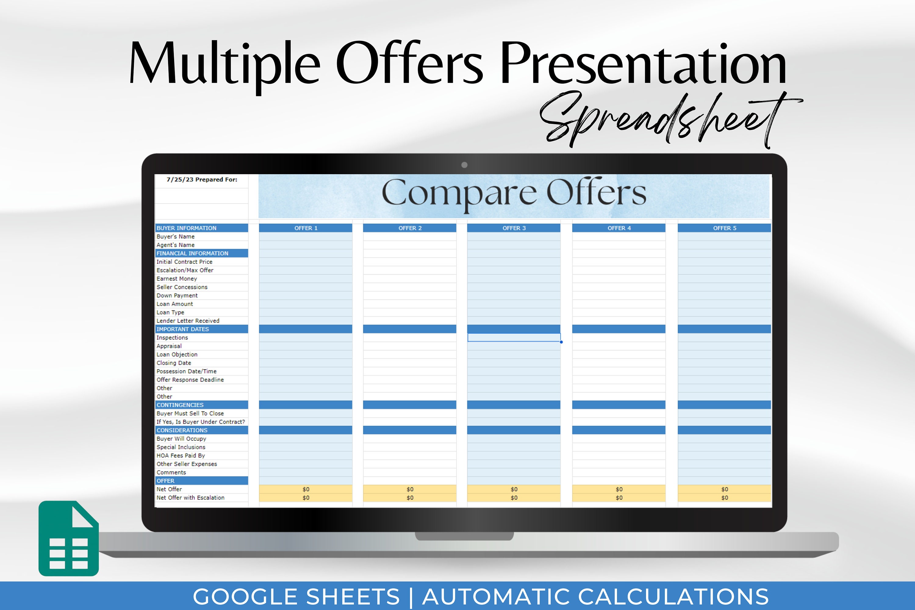 Multiple Offer Spreadsheet, Real Estate Spreadsheet, Realtor Offer ...