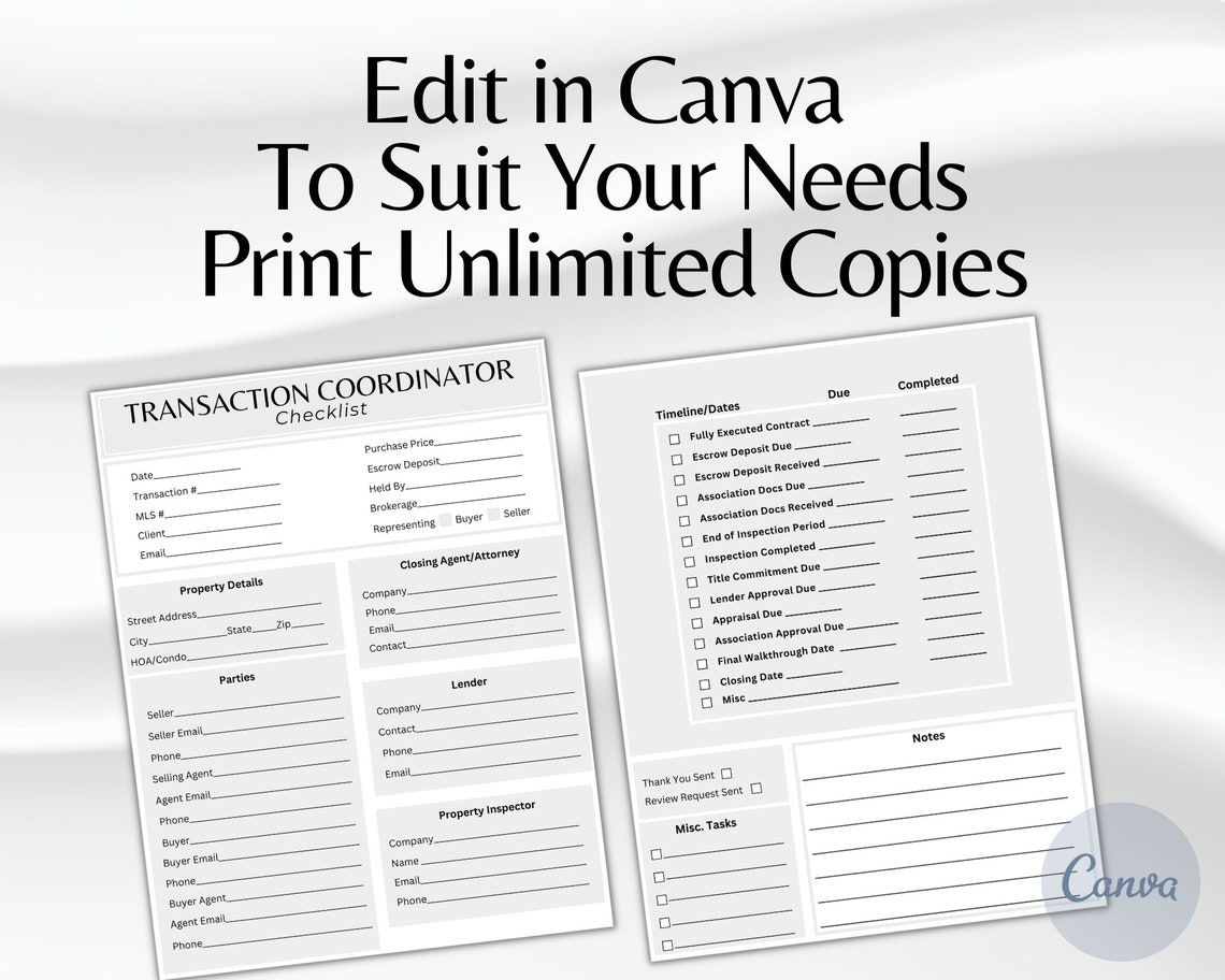 Transaction Coordinator Checklist, Transaction Coordinator Printable ...