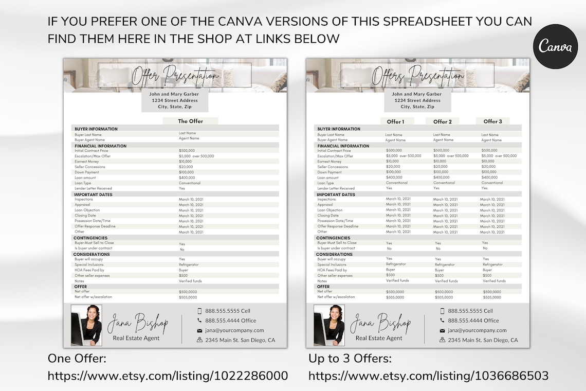 Multiple Offer Spreadsheet, Real Estate Spreadsheet, Realtor Offer ...