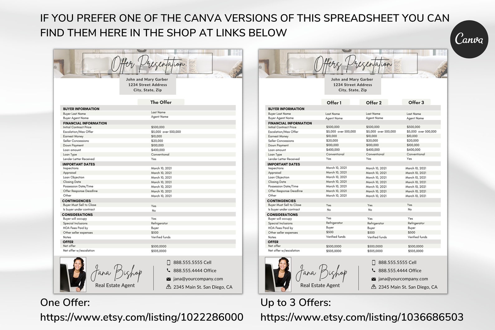 Multiple Offer Spreadsheet, Real Estate Spreadsheet, Realtor Offer ...