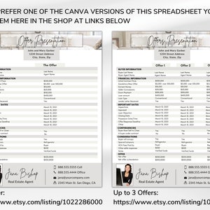 Multiple Offer Spreadsheet, Real Estate Spreadsheet, Realtor Offer, Side by Side Offer ...