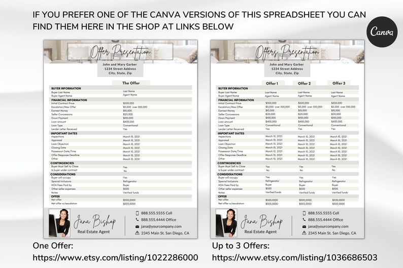 Multiple Offer Spreadsheet, Real Estate Spreadsheet, Realtor Offer ...