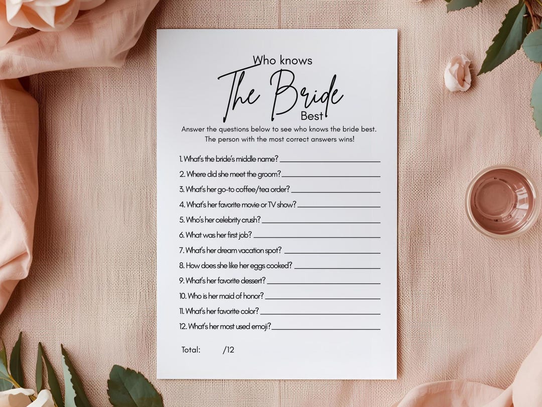 Who Knows Bride Best Game, Bridal Shower Activity (digital Download) - Etsy