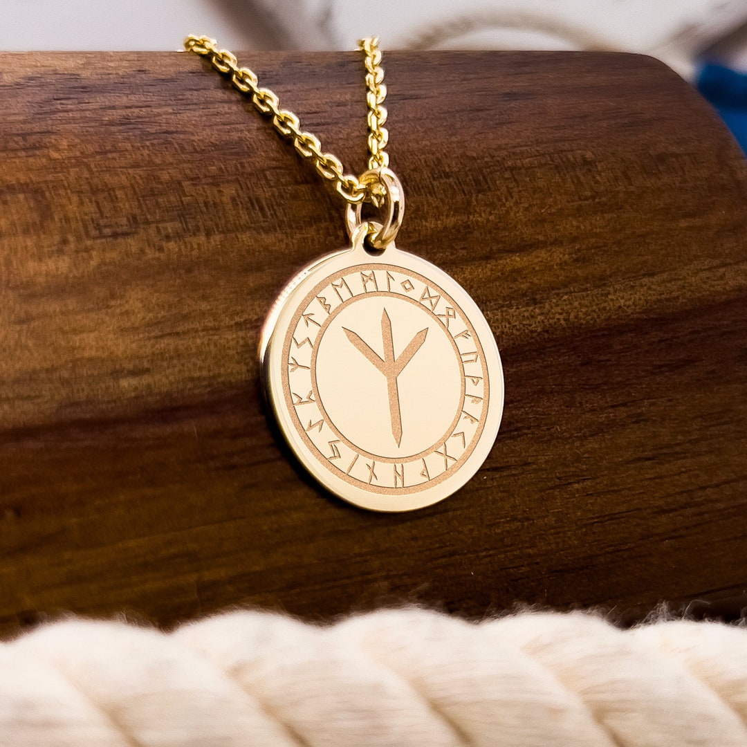 14k Real Gold Algiz Necklace, Norse Symbol, Viking Rune Jewelry, Elhaz ...