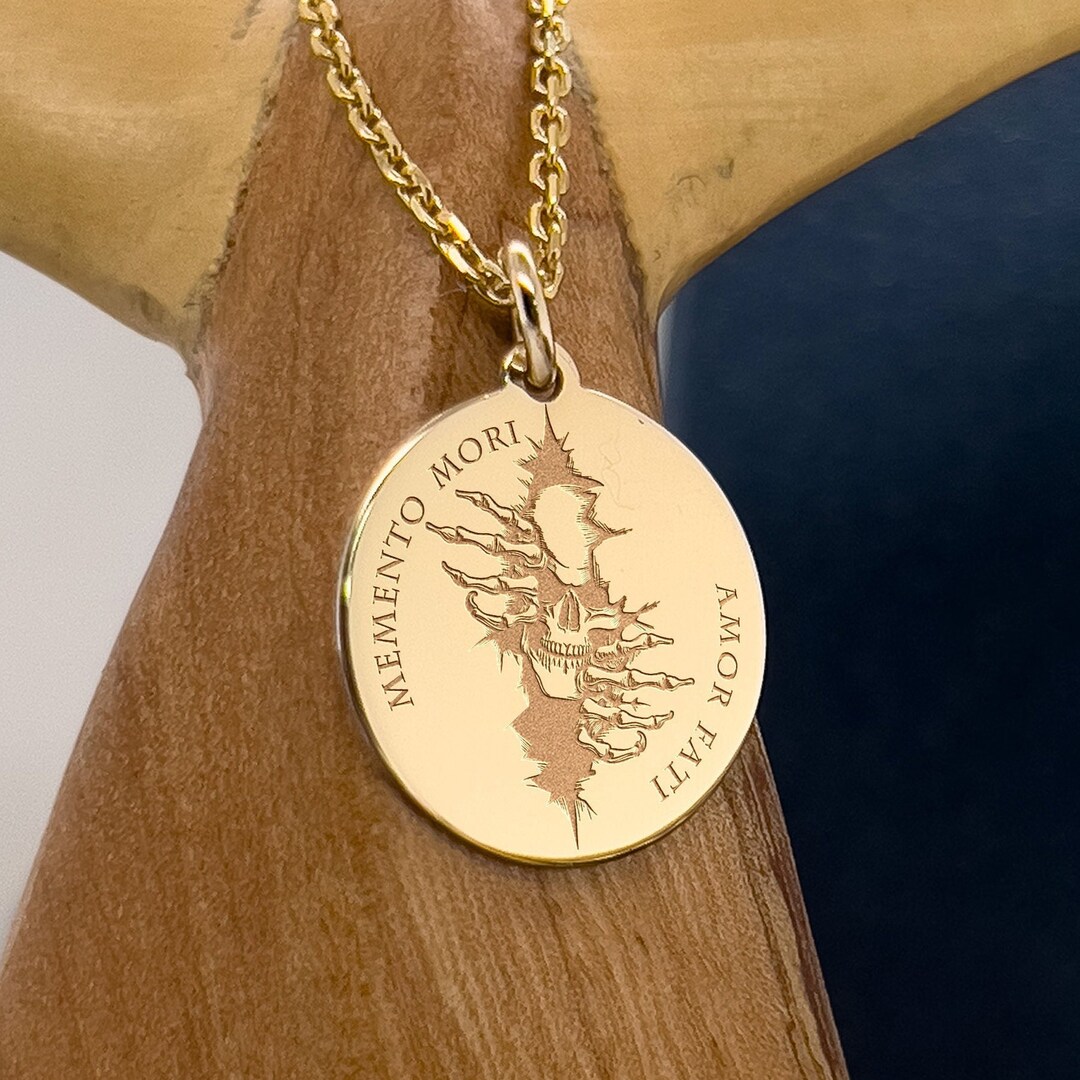14k Solid Gold Memento Mori Necklace, Amor Fati Jewelry, Personalized ...