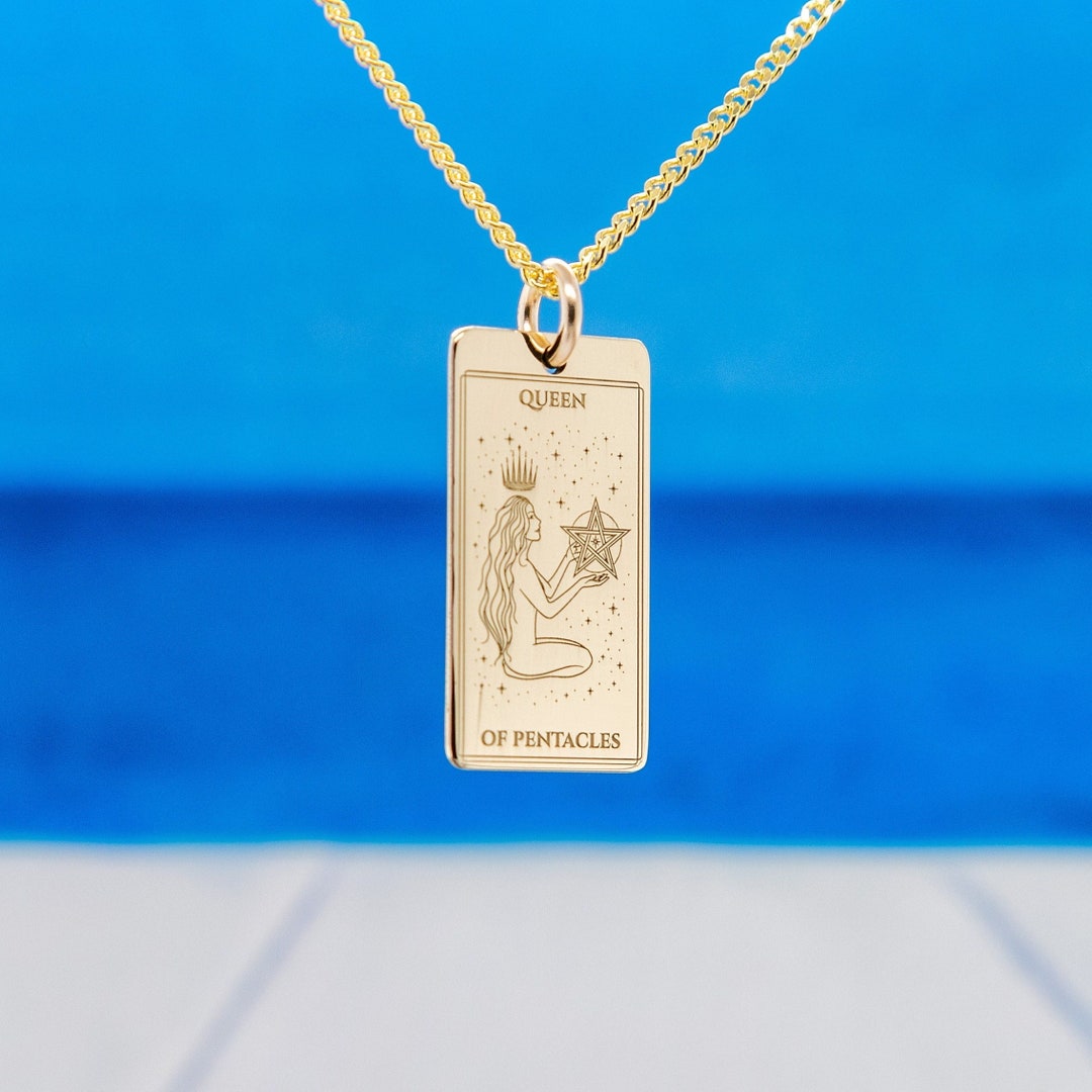 14K Solid Gold Queen of Pentacles Tarot Card Necklace, the Queen Tarot ...