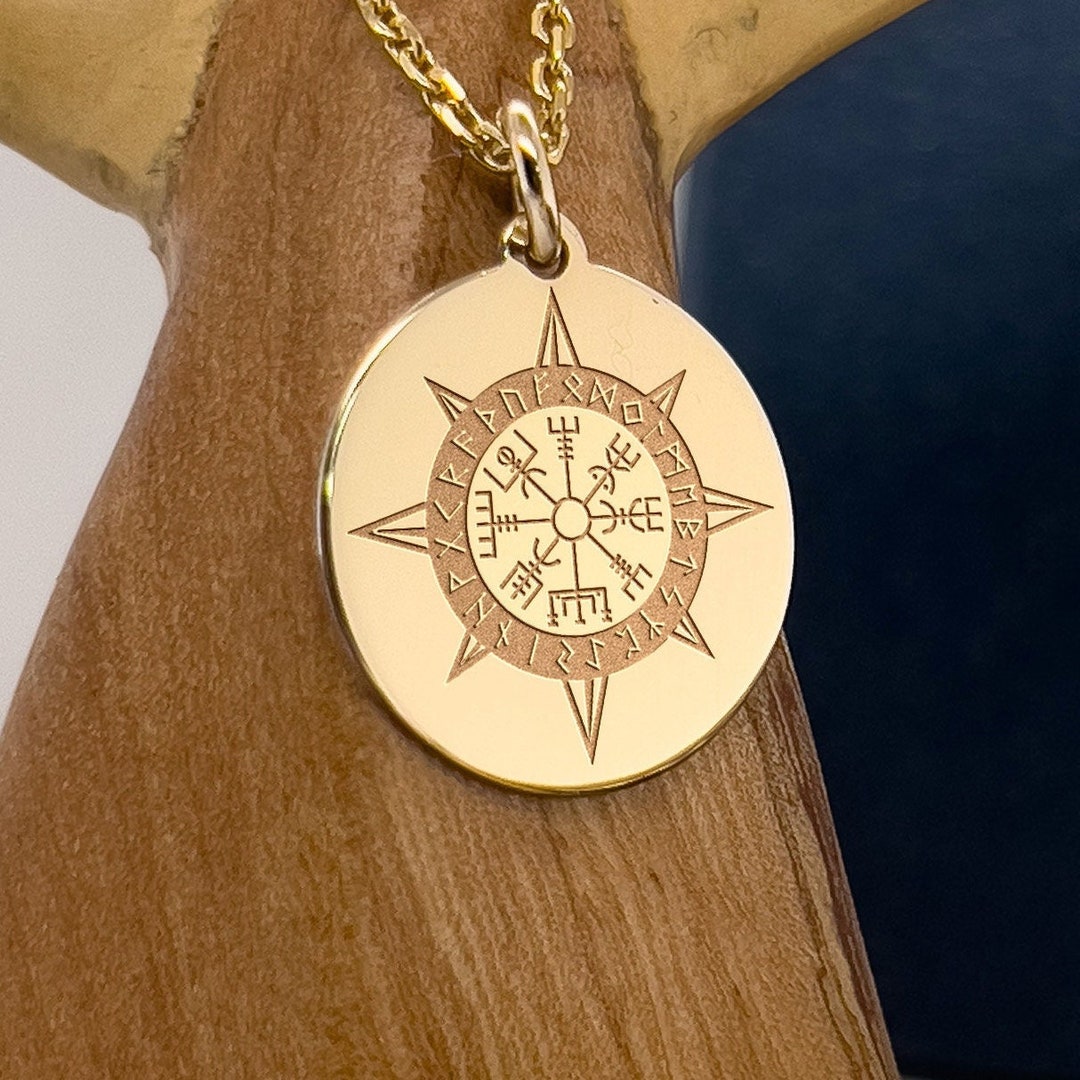 14K Solid Gold Gold Vegvisir Compass Necklace, Gold Viking Compass ...