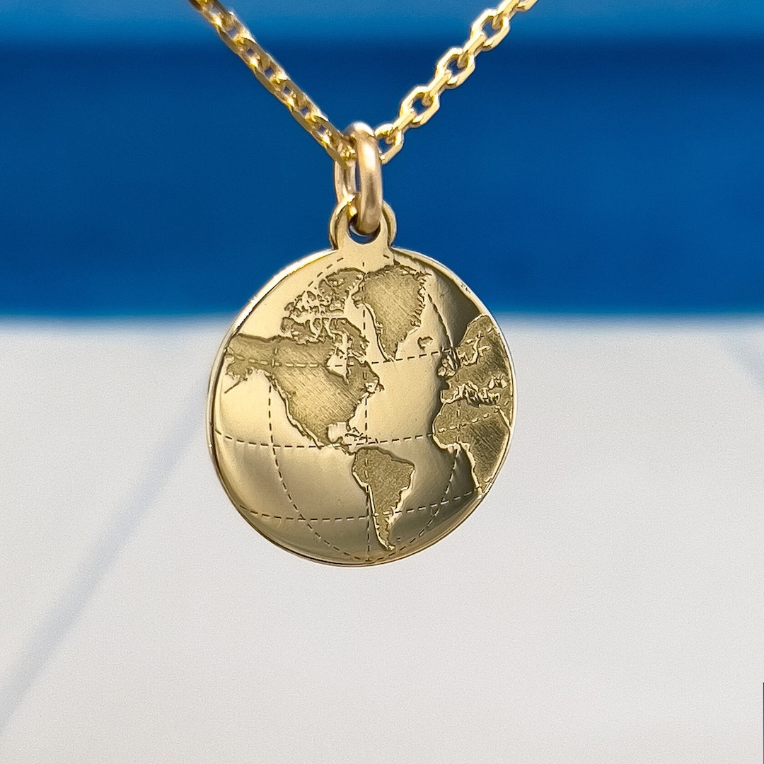 Dainty 14k Solid Gold Earth Necklace, World Map Necklace,gold Coin ...