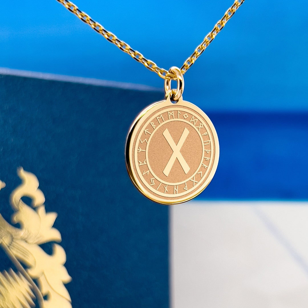 14K Gold, 0,6 Mm Thickness Elegant Gold Round Pendant With Gebo Rune ...