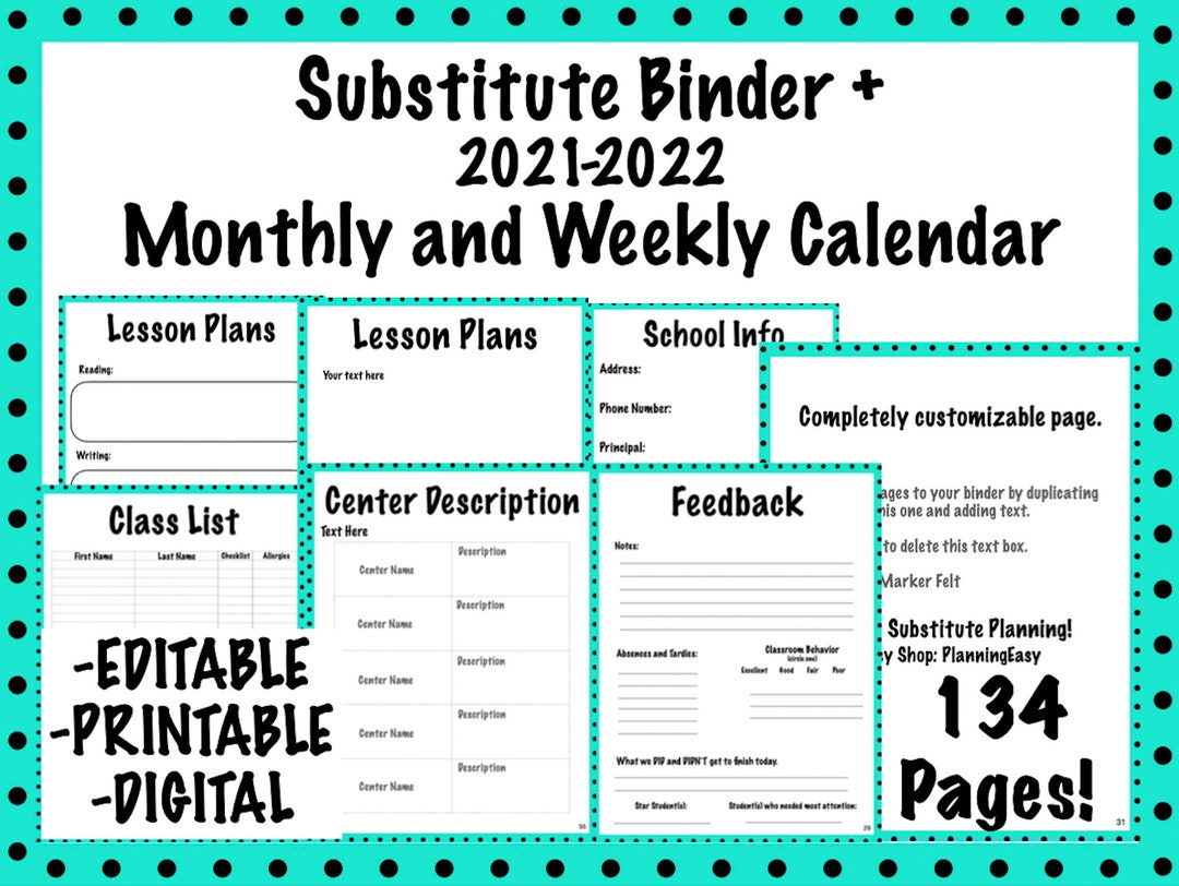 Substitute Binder + Monthly and Weekly Planner Bundle (EDITABLE ...