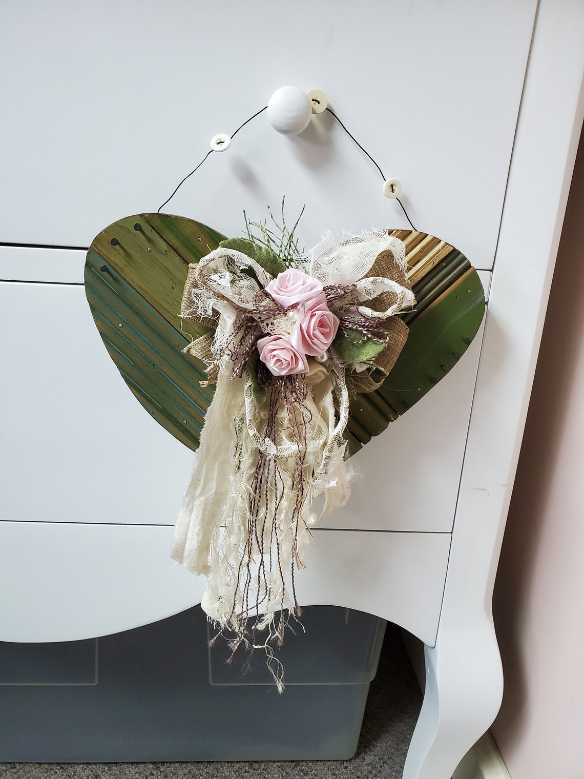 Rustic Wooden Heart Decor: Shabby Chic Ribbon Roses Wall Hanging - Etsy