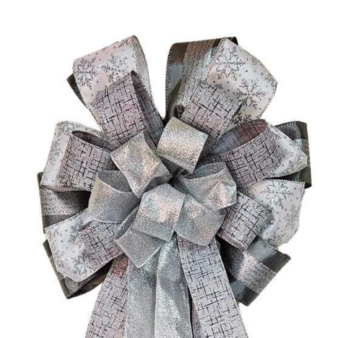 Silver Christmas Bow, White Holiday Bow, Snowflake Bow, Silver ...