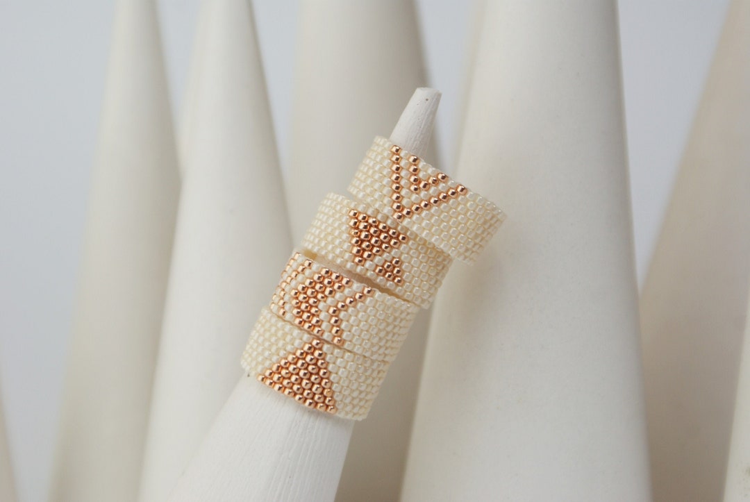 Ivory and Gold Beaded Ring, Beige Seed Bead Band Ring, Unisex Gift for ...