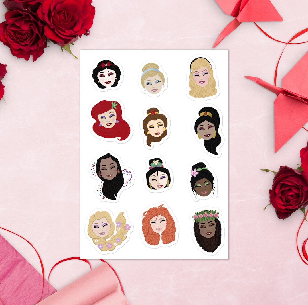 Princess Sticker Sheet, Hand Drawn Stylized Princess Stickers Disney ...