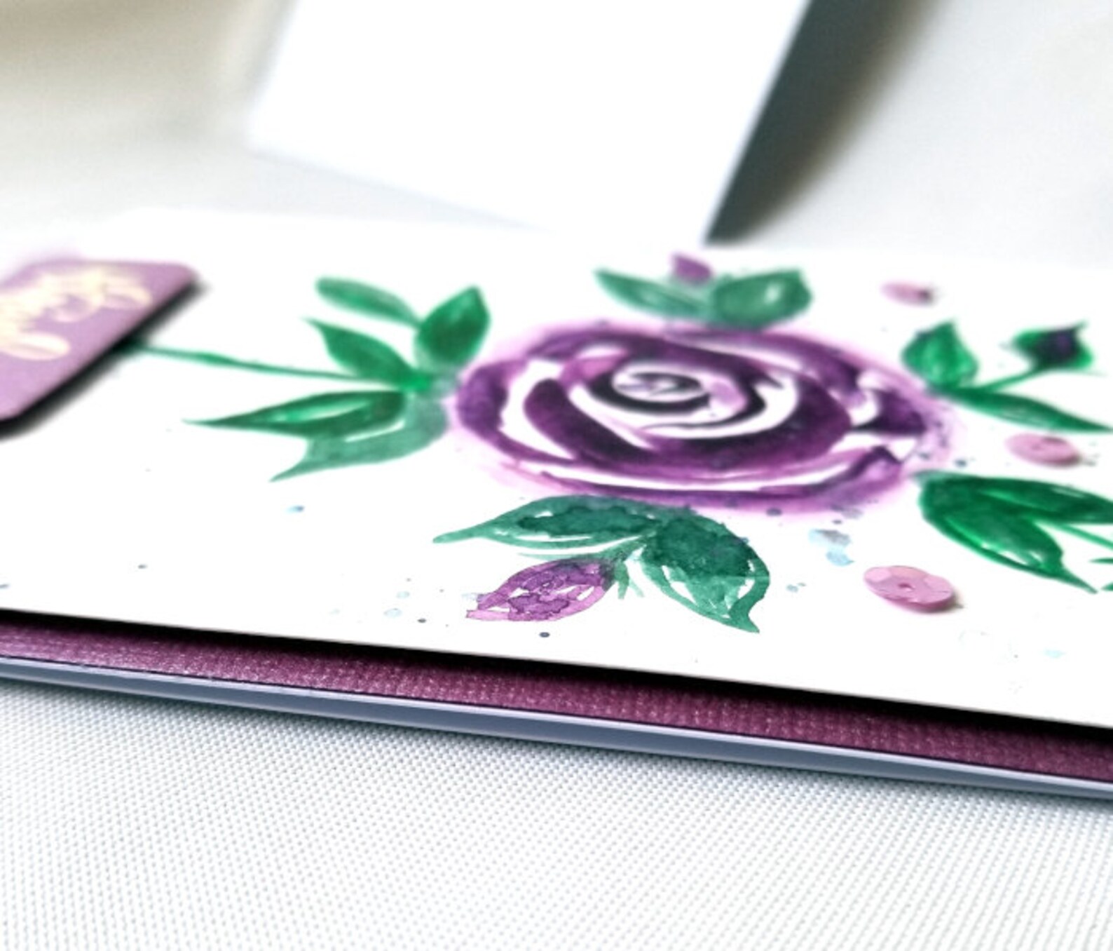 Purple Rose Card, Handpainted With Watercolor Paint, Secquins, Bling ...