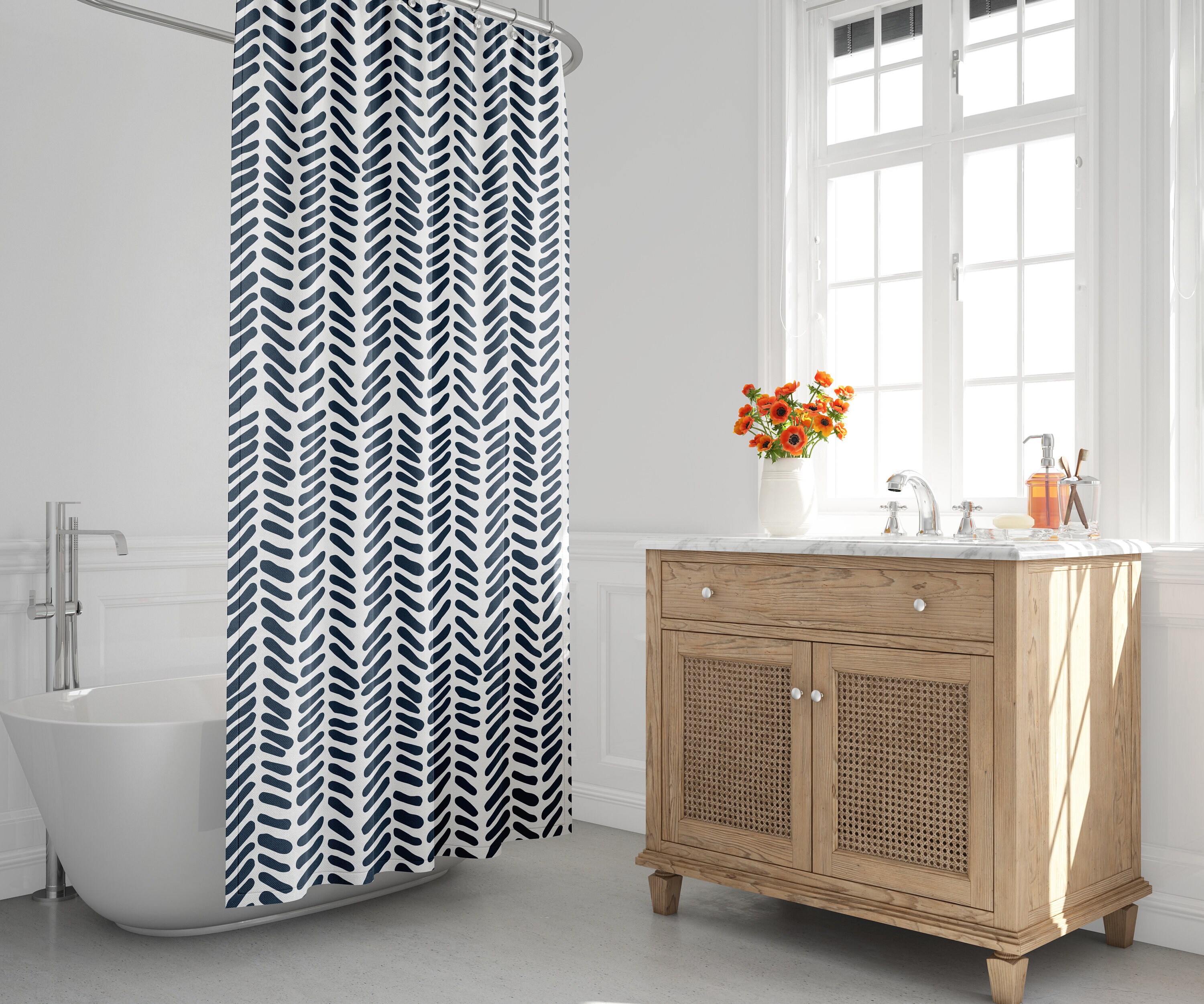 Mid century Modern Shower Curtain Minimalist Bath Curtain Abstract Herringbone Boho Tribal Scandi Contemporary Modern Bath Decor Etsy UK