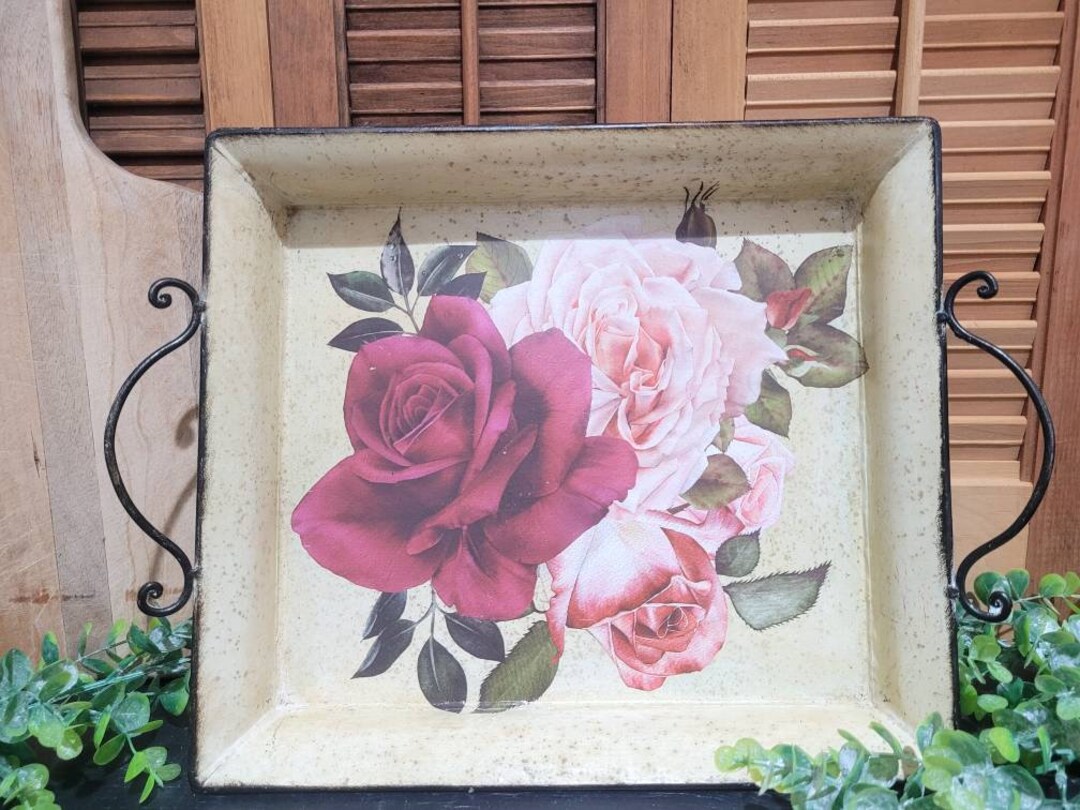 Metal Footed Tray Floral Rose Serving Tray French Country Tray Roses Shabby Chic - Etsy