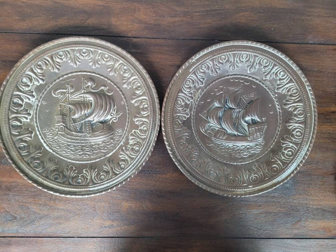 Sailing Vintage Brass Ship Sailiboat Wall Plates Plaque Embossed Bronze ...