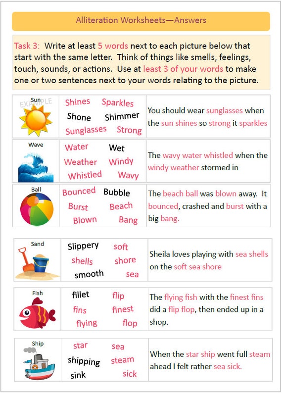 Alliteration Examples For Kids Worksheets