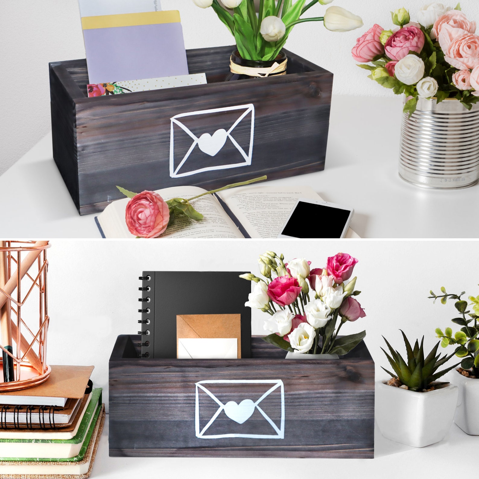 Desktop Mail Organizer Box, Rustic Grey Mail Holder Countertop ...