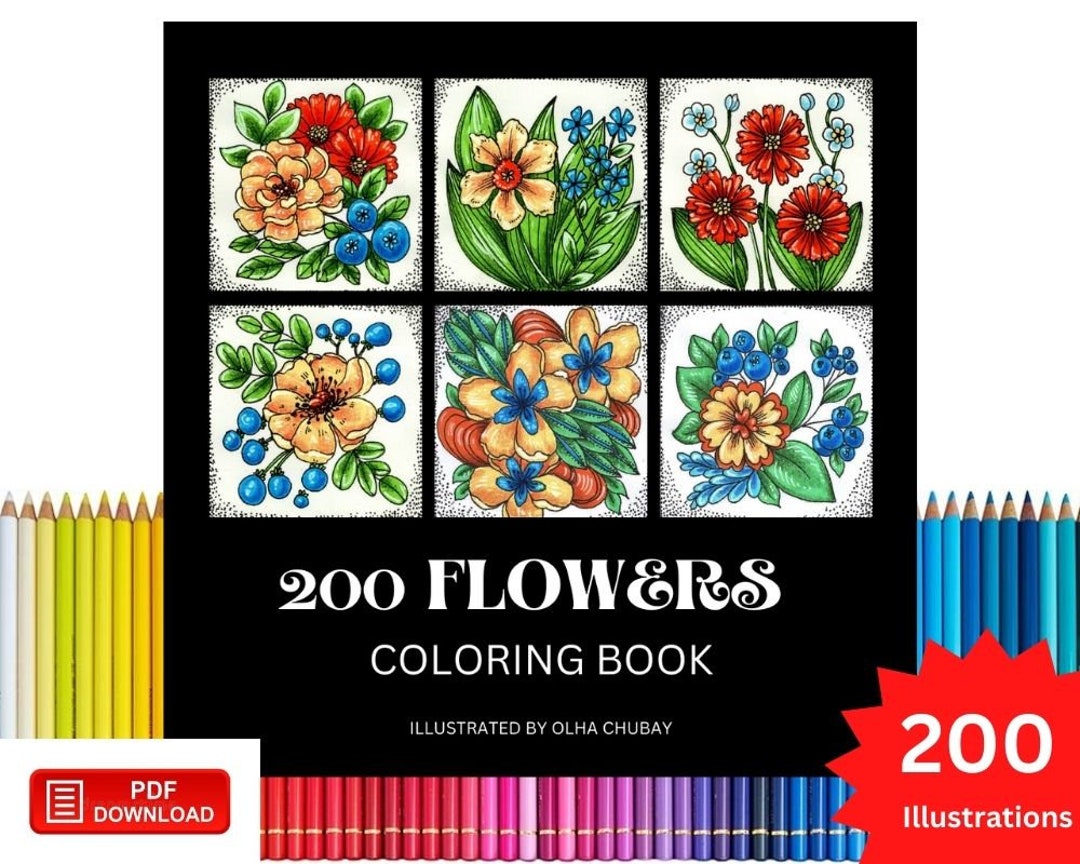 200 Flowers / Coloring Book / Coloring Pages / Illusstrated by Olha ...