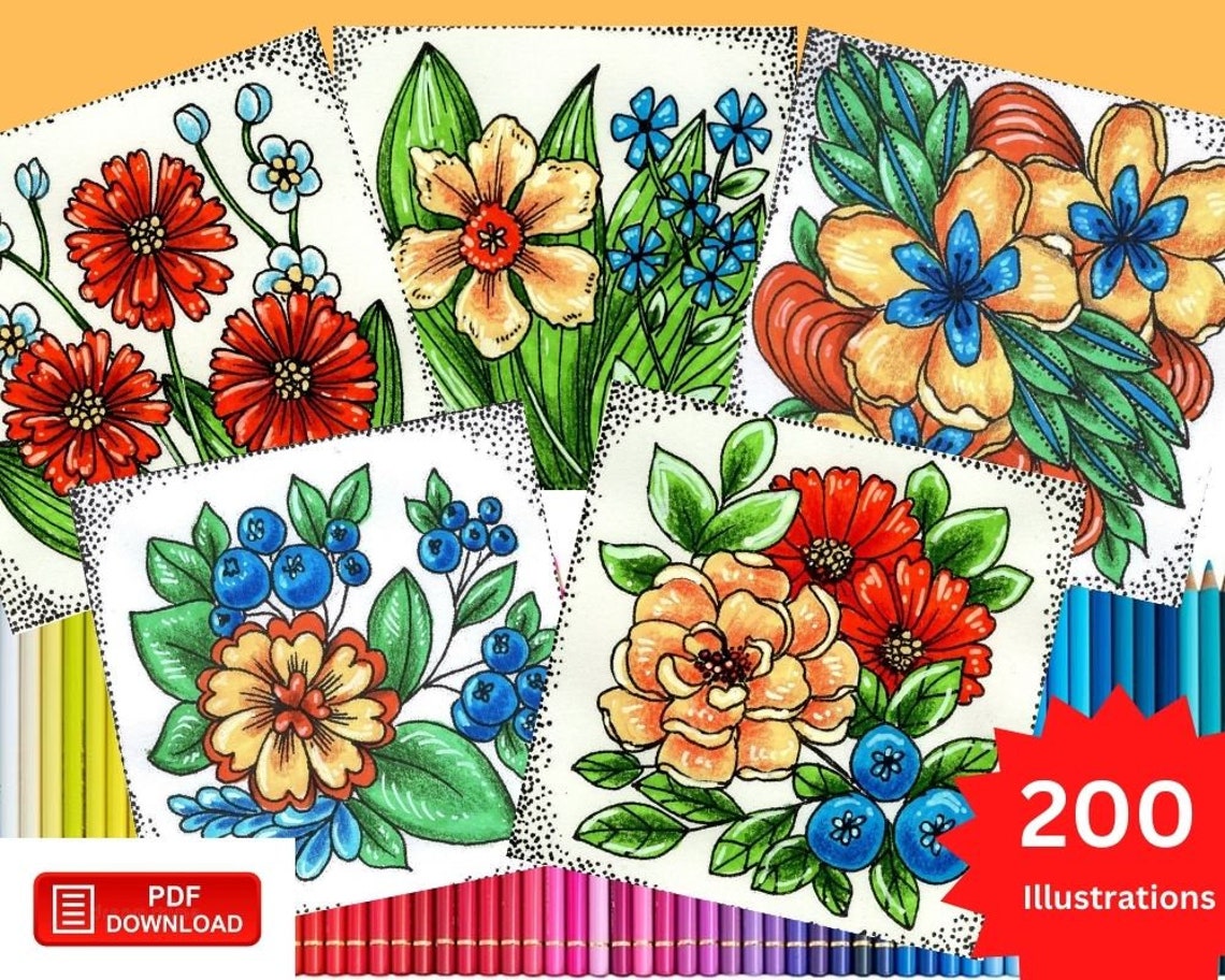 200 Flowers / Coloring Book / Coloring Pages / Illusstrated by Olha ...