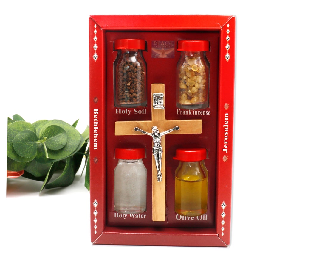 Holy Land Relics Box With Olive Wood Cross Holy Water, Anointing Olive ...