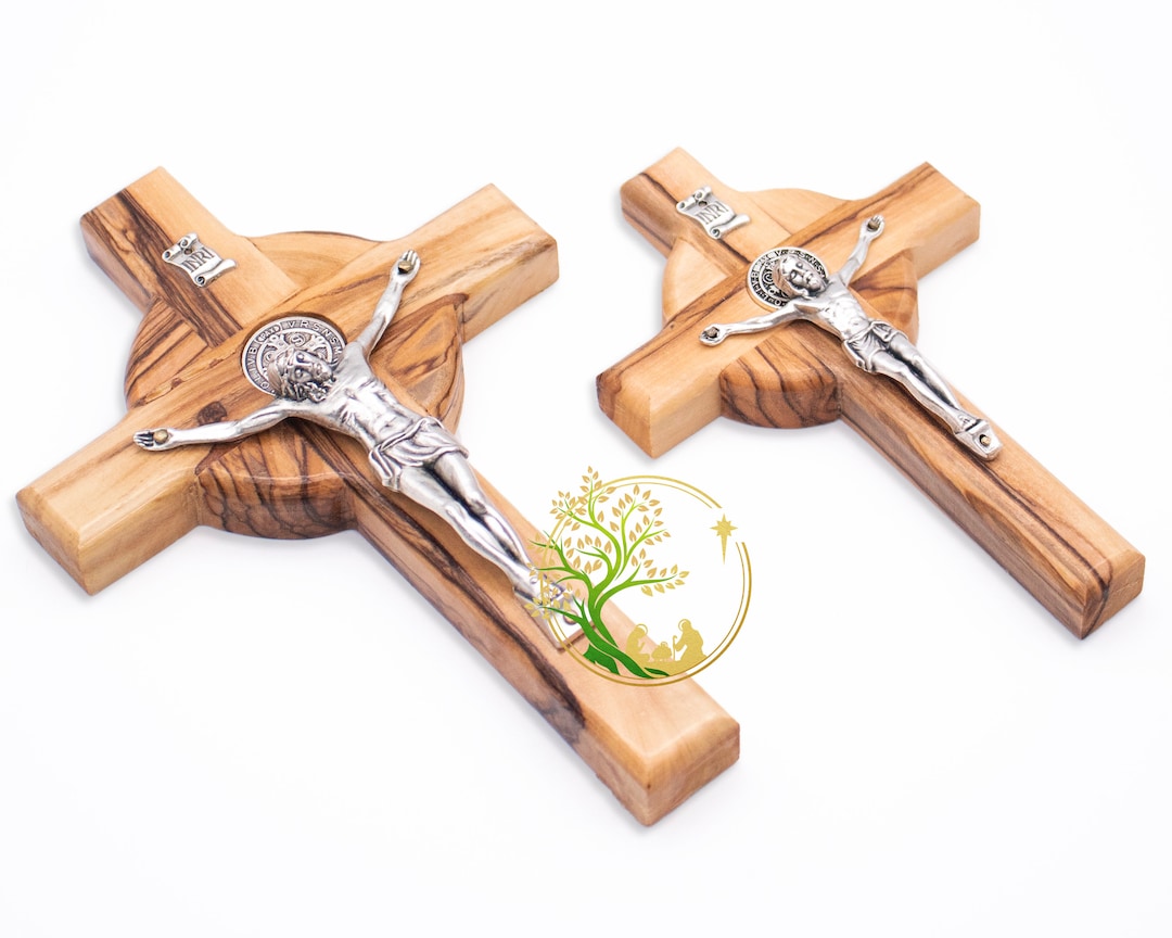 St Benedict Olive Wood Wall Hanging Cross - Holy Wall Decor Wooden ...