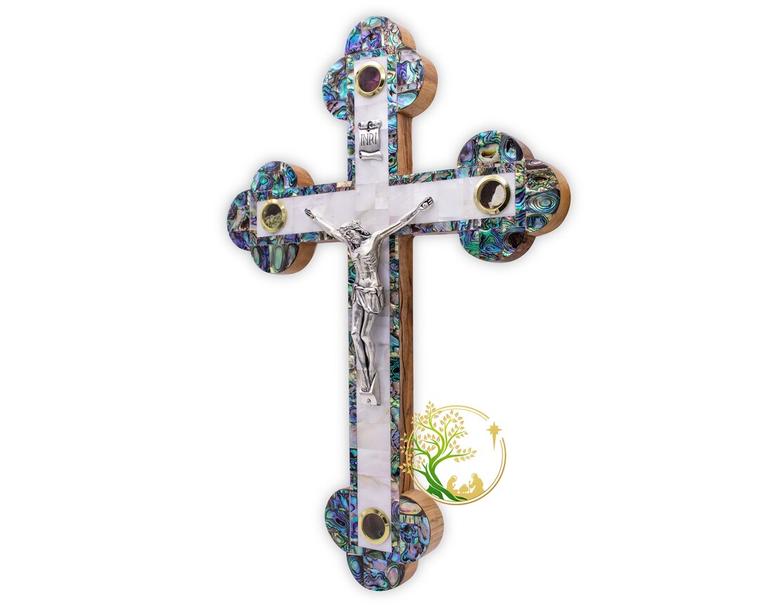 Olive Wood Crucifix: Extra Large Mother of Pearl Inlay, Religious Wall ...