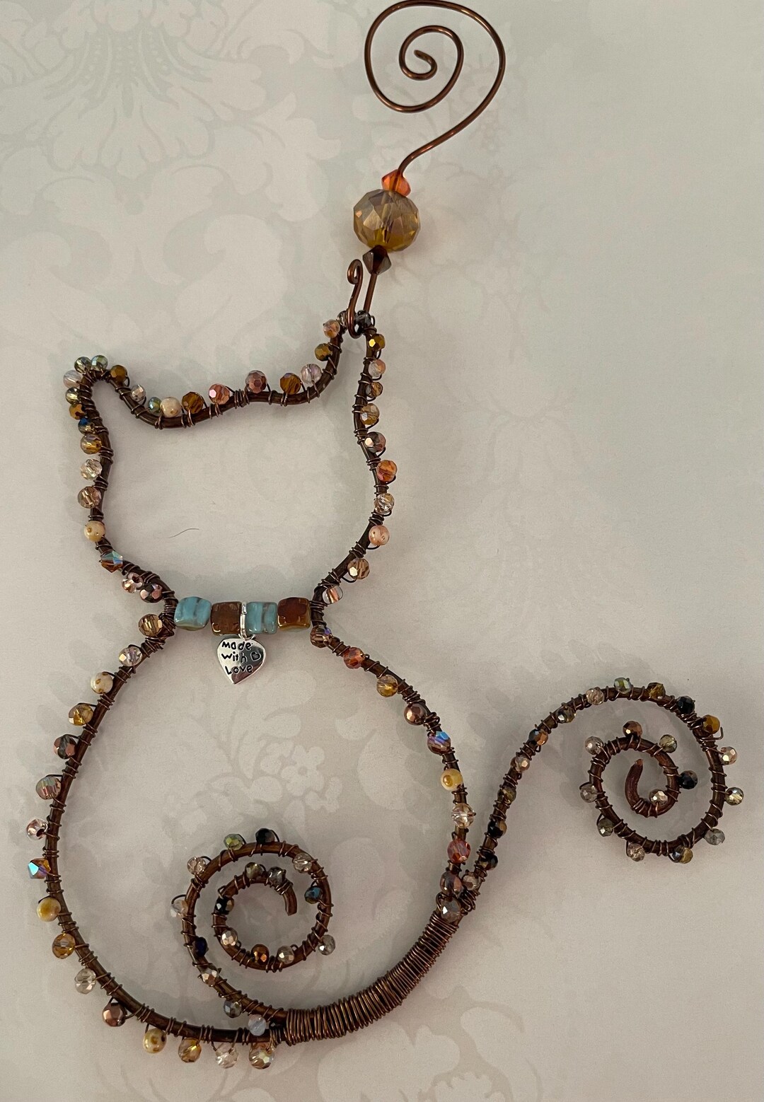 Beaded Wire Wrapped Cat Sculpture Unique/handcrafted Art Sculpture ...